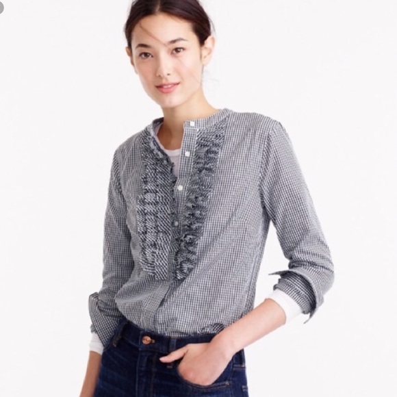 J. Crew | Tops | J Crew Gingham Ruffle Front Button Down | Poshmark